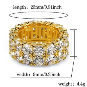 Apzzic 9mm Iced Out 2 Row Cubic Zirconia Diamond Gold Plated Hip Hop Eternity Wedding Band Engagement Ring for Men Women Gold 9