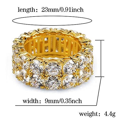 Apzzic 9mm Iced Out 2 Row Cubic Zirconia Diamond Gold Plated Hip Hop Eternity Wedding Band Engagement Ring for Men Women Gold 9