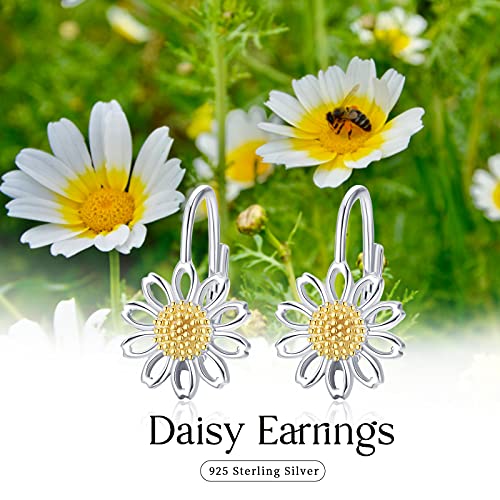 Daisy Leverback Earrings 925 Sterling Silver Flower Earrings Daisy Flower Hoop Earrings Daisy Flower Jewelry for Women