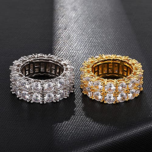 Apzzic 9mm Iced Out 2 Row Cubic Zirconia Diamond Gold Plated Hip Hop Eternity Wedding Band Engagement Ring for Men Women Gold 9