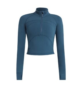 women cute crop workout top yoga gym coat long sleeve 1/2 zip active sportswear blue m