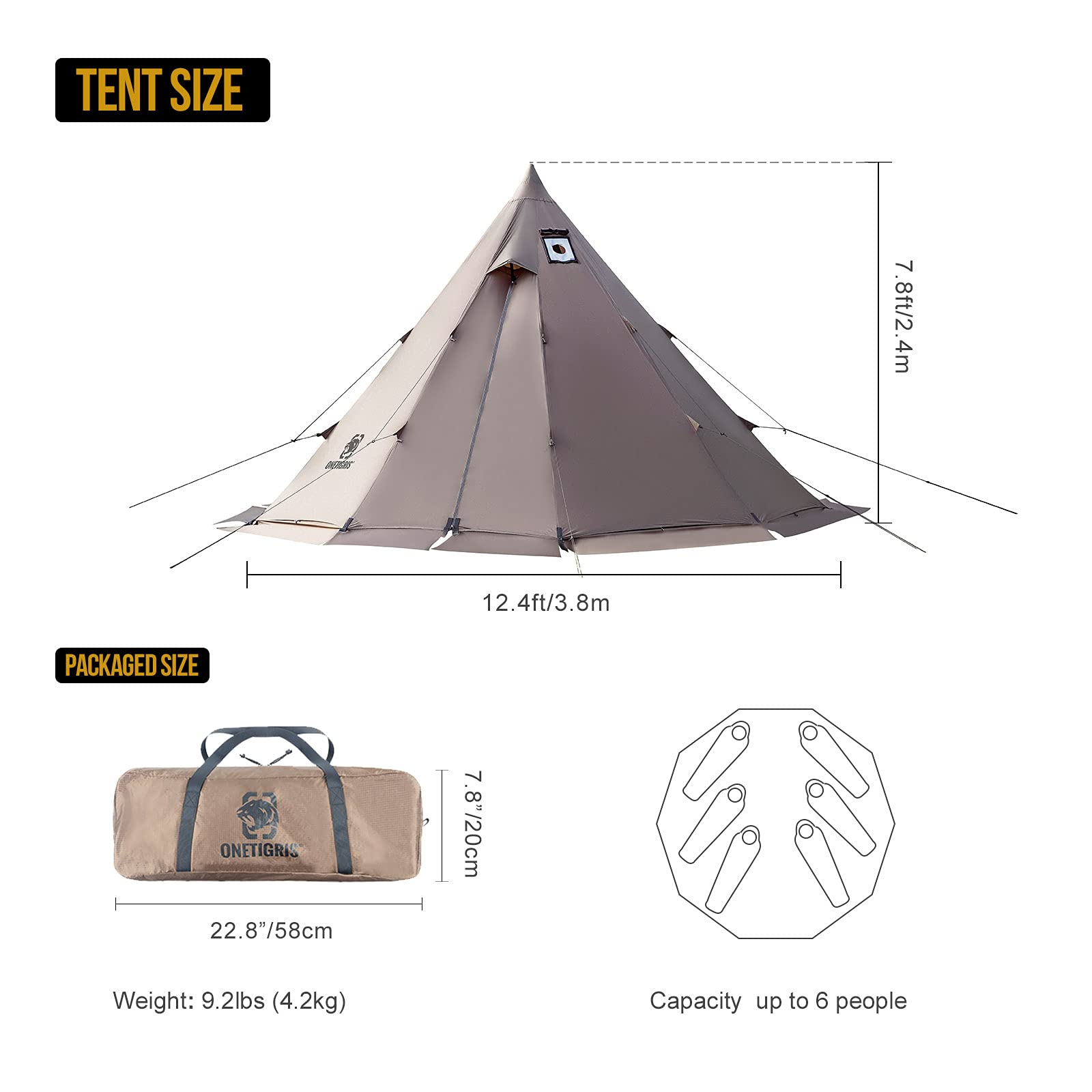 OneTigris Rock Fortress Hot Tent with Stove Jack, 4~6 Person, 4 Season Tipi Tent for Family Camping Backpacking Hunting Fishing Waterproof Wind-Proof.