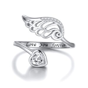 birthstone wing rings sterling silver adjustable feather heart month stone wrap ring jewelry gift for women engrave love you forever (apr)