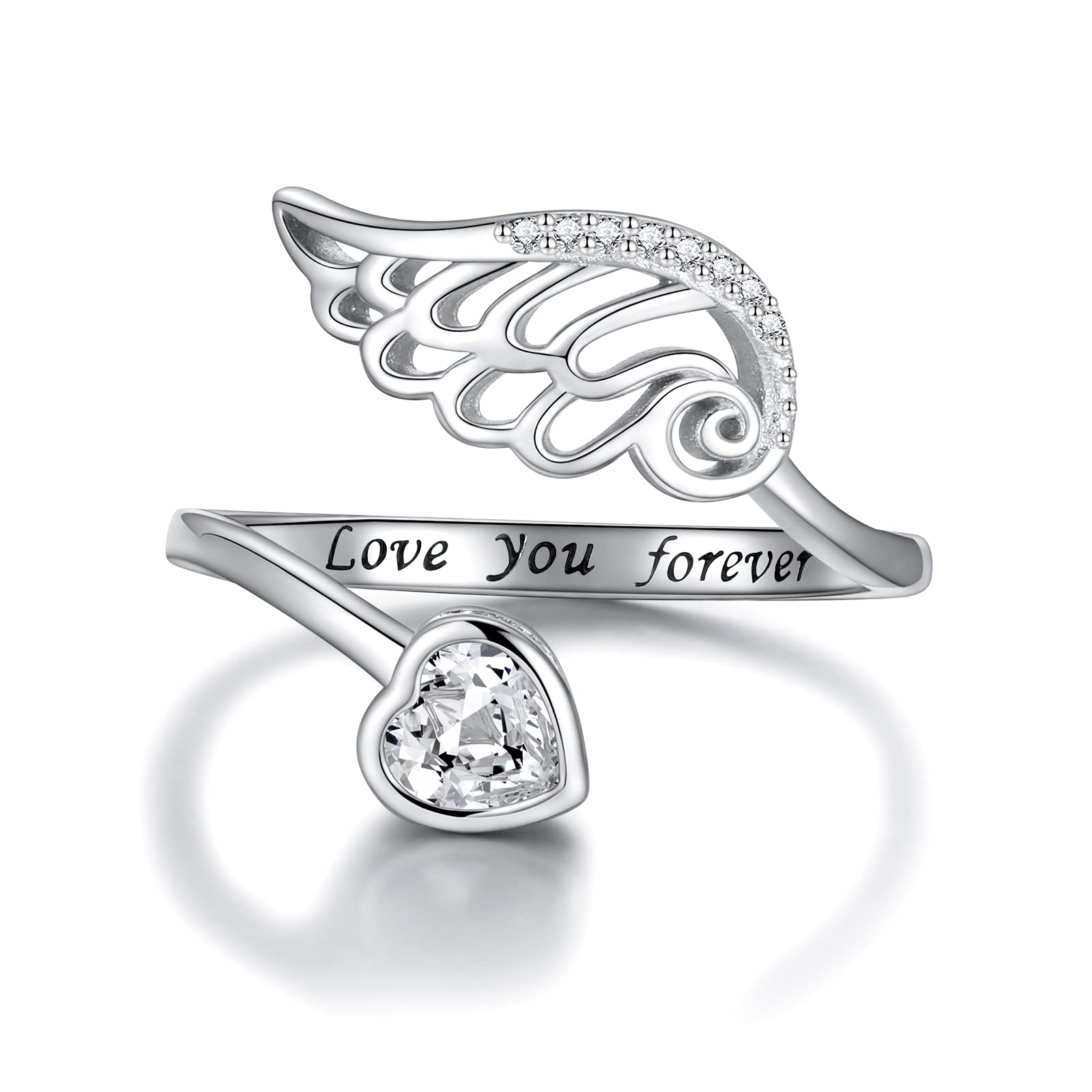 Birthstone Wing Rings Sterling Silver Adjustable Feather Heart Month Stone Wrap Ring Jewelry Gift for Women Engrave Love you forever (Apr)