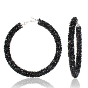 bohemian sparkle resin rhinestone wrapped big hoop dangle earrings circle jewelry for women-black