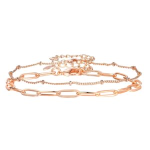 14k rose gold plated dainty bracelet layered fashion paperclip link bracelets for women girls men(rose gold)