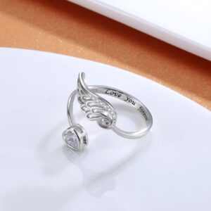 Birthstone Wing Rings Sterling Silver Adjustable Feather Heart Month Stone Wrap Ring Jewelry Gift for Women Engrave Love you forever (Apr)