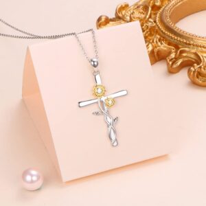 HOOHWE Sunflower Cross Necklace, 925 Sterling Silver You Are My Sunshine Cross Necklace Dainty Daisy Flower Pendant Necklace Sunflower Jewelry Necklaces Gifts for Women Sister Daughter Mom Wife