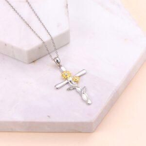 HOOHWE Sunflower Cross Necklace, 925 Sterling Silver You Are My Sunshine Cross Necklace Dainty Daisy Flower Pendant Necklace Sunflower Jewelry Necklaces Gifts for Women Sister Daughter Mom Wife