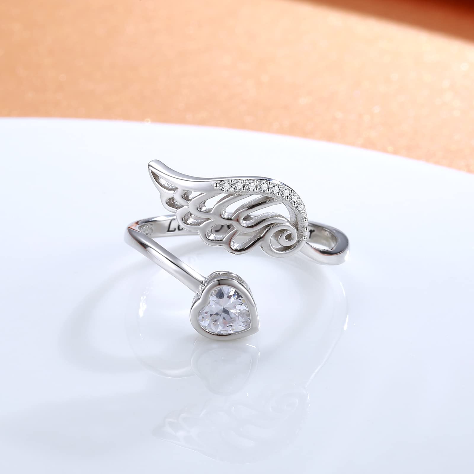 Birthstone Wing Rings Sterling Silver Adjustable Feather Heart Month Stone Wrap Ring Jewelry Gift for Women Engrave Love you forever (Apr)