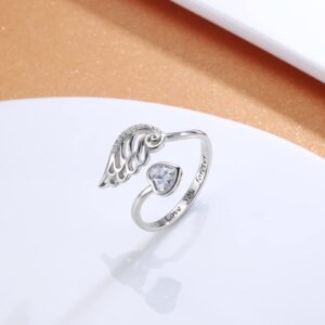 Birthstone Wing Rings Sterling Silver Adjustable Feather Heart Month Stone Wrap Ring Jewelry Gift for Women Engrave Love you forever (Apr)