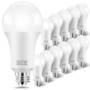 kindeep 150-200w equivalent 23w e26 led bulb, a21 led super bright light bulb, 2500 lumens, daylight white 5000k for your home, office, store, garage, warehouse, garden 12-pack