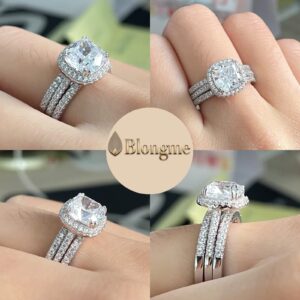 Blongme 2.66CT Wedding Engagement Rings Set for Women 925 Sterling Silver Cushion Halo CZ Wedding Bands Promise Bridal Ring Enhancer for her Size 8