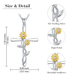 HOOHWE Sunflower Cross Necklace, 925 Sterling Silver You Are My Sunshine Cross Necklace Dainty Daisy Flower Pendant Necklace Sunflower Jewelry Necklaces Gifts for Women Sister Daughter Mom Wife