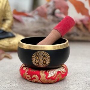 Tibetan Flower Of Life Singing Bowl Mallet Cushion Set ~ For Meditation, Yoga, Spiritual Healing and Mindfulness ~ Medium (Black)