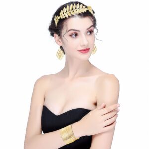 SAILIMUE 5 Pcs Greek Goddess Costume Accessories Set for Women Golden Laurel Leaf Crown Headband Armband Coil Bracelet Leaf Dangle Earring Bridal Wedding Headpiece Toga Party