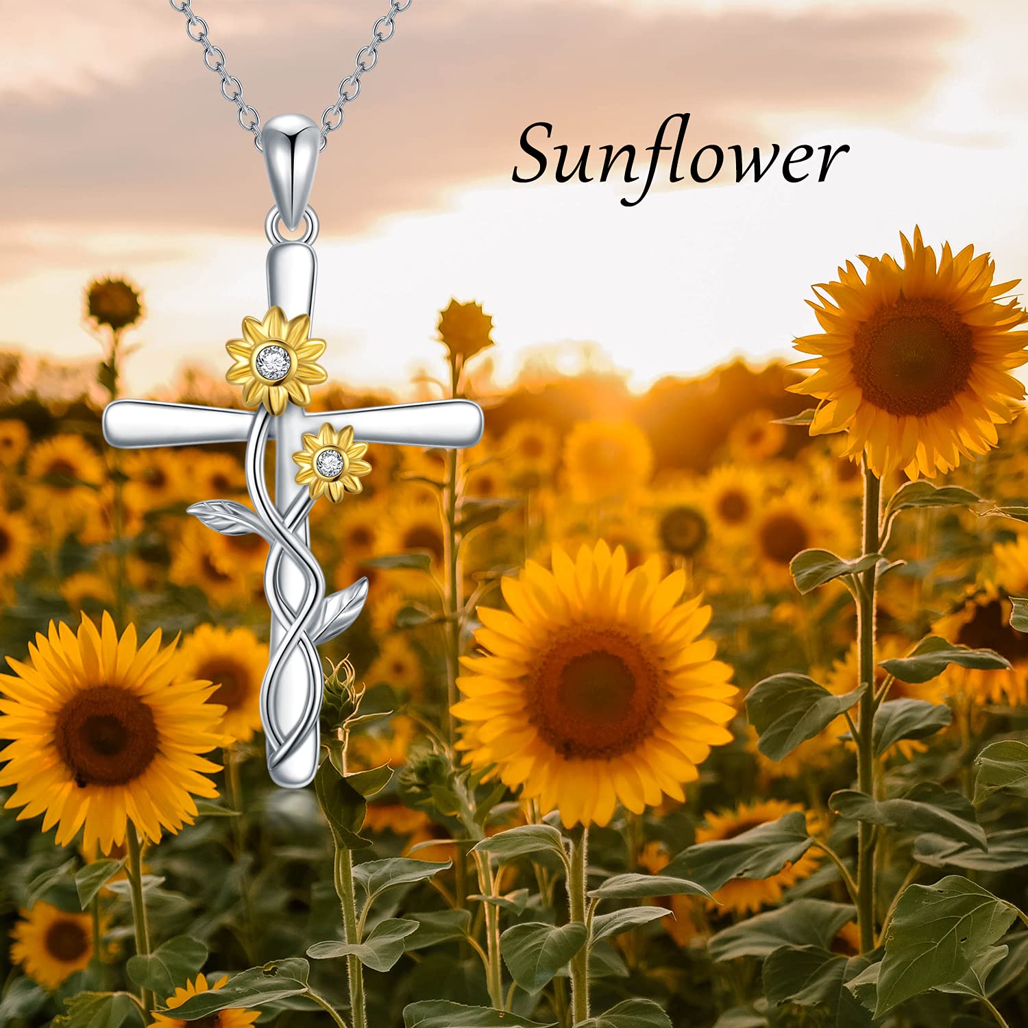 HOOHWE Sunflower Cross Necklace, 925 Sterling Silver You Are My Sunshine Cross Necklace Dainty Daisy Flower Pendant Necklace Sunflower Jewelry Necklaces Gifts for Women Sister Daughter Mom Wife