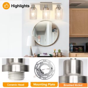 3-Light Bathroom Vanity Light Fixtures, Brushed Nickel Wall Sconce Lighting Modern Wall Light with Clear Glass Shade, Porch Wall Lamp Mounted Lights Over Mirror for Living Room, Bedroom, Hallway