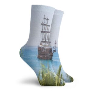 Pirate Funny Compression Socks Women and Men,Sailing Yacht In Clear Blue Sea Palm Trees Sunny Summer Day Exploration,Best for Circulation,Running,Athletic,Nurse,Travel,Brown Pale Blue Green -12 inch