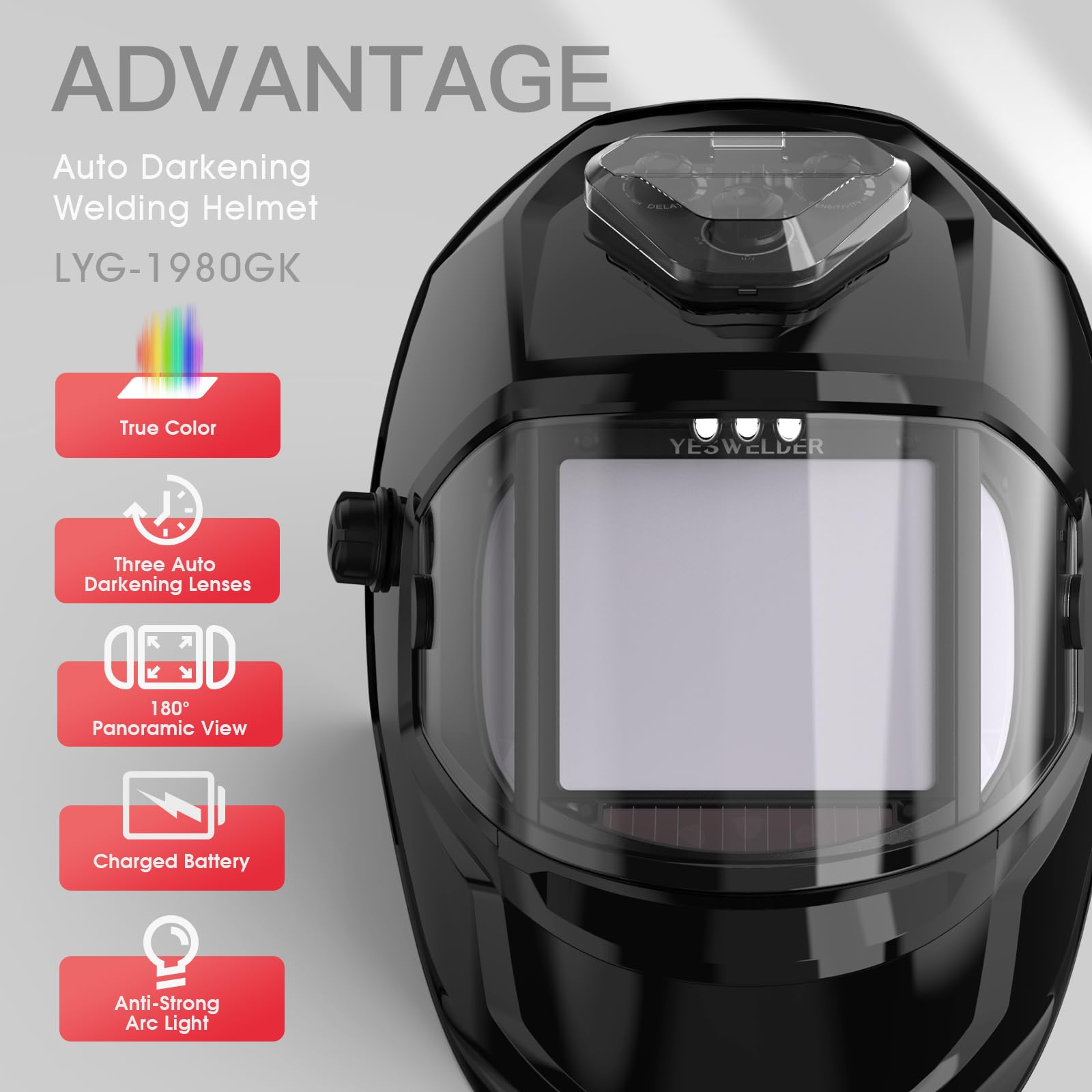 YESWELDER Panoramic View Auto Darkening Welding Helmet, Large Viewing True Color 6 Arc Sensor Welder Mask