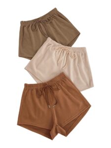 makemechic women's 3pack elastic waist knot front lounge track shorts brown apricot rust brown s