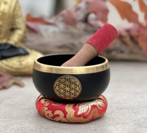 tibetan flower of life singing bowl mallet cushion set ~ for meditation, yoga, spiritual healing and mindfulness ~ medium (black)