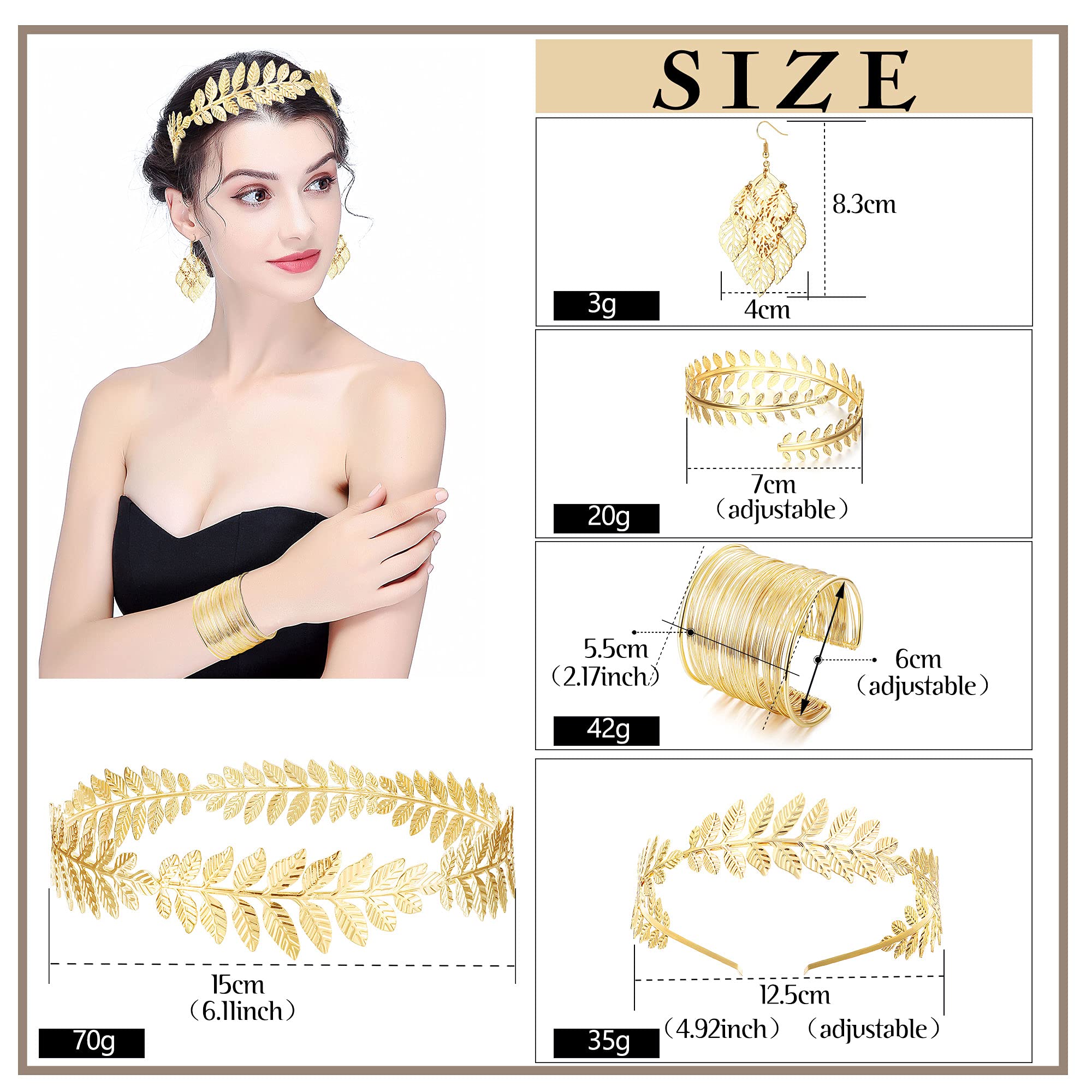 SAILIMUE 5 Pcs Greek Goddess Costume Accessories Set for Women Golden Laurel Leaf Crown Headband Armband Coil Bracelet Leaf Dangle Earring Bridal Wedding Headpiece Toga Party