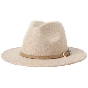 lanzom women lady classic wool fedora hat belt buckle wide brim panama hat (01-beige, one size)