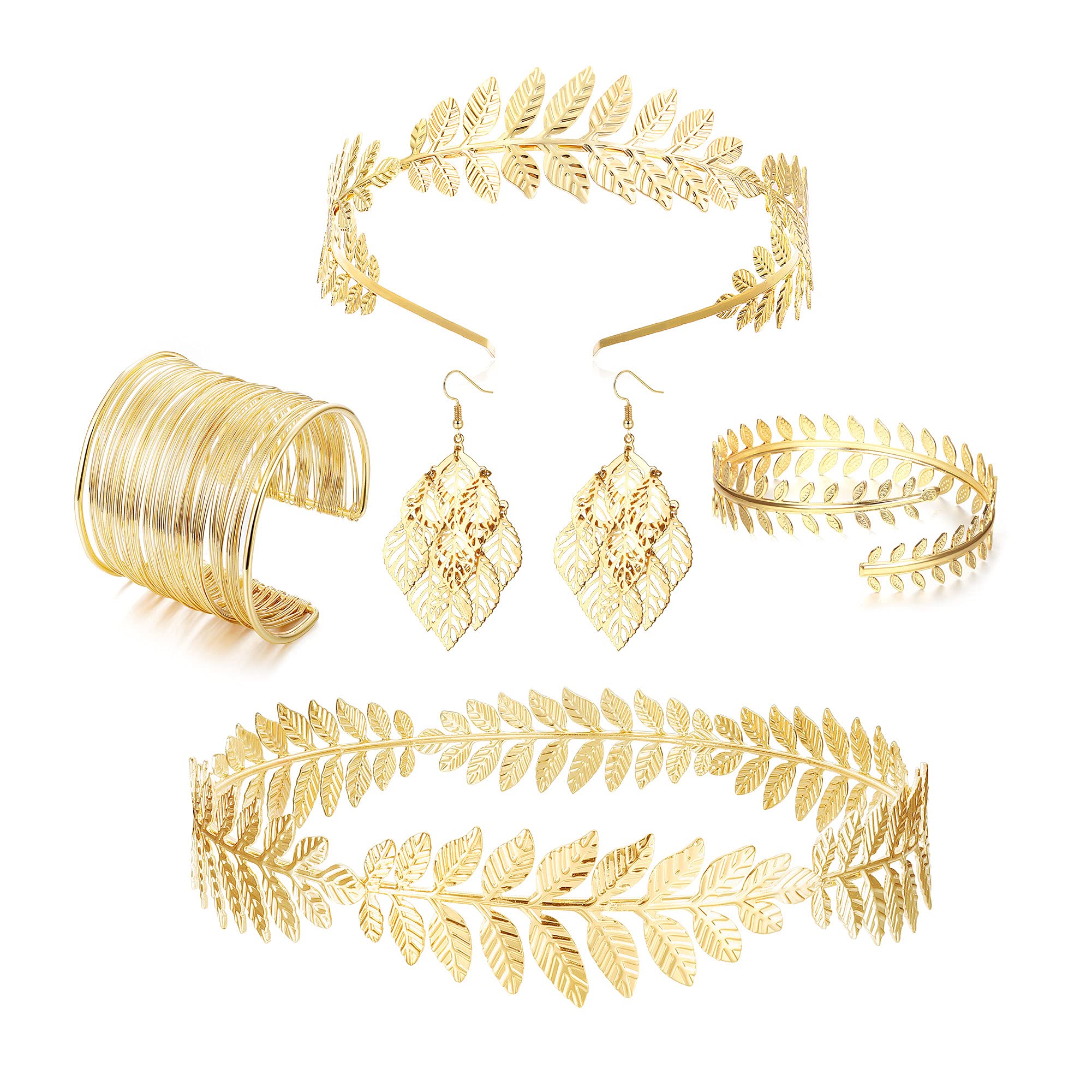 SAILIMUE 5 Pcs Greek Goddess Costume Accessories Set for Women Golden Laurel Leaf Crown Headband Armband Coil Bracelet Leaf Dangle Earring Bridal Wedding Headpiece Toga Party