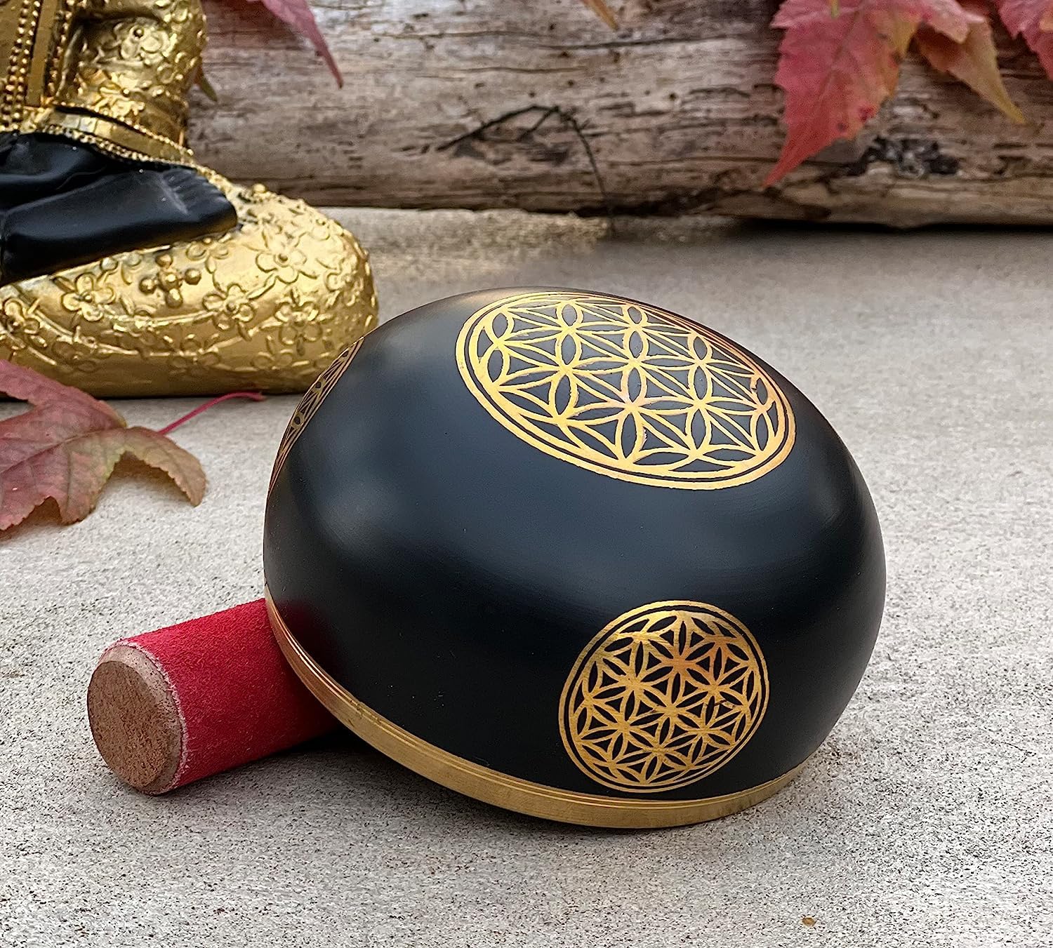 Tibetan Flower Of Life Singing Bowl Mallet Cushion Set ~ For Meditation, Yoga, Spiritual Healing and Mindfulness ~ Medium (Black)