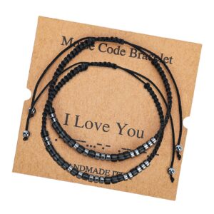 morse code bracelets for women men, 2pcs i love you string adjustable matching bracelets gifts for couples mom daughter best friend inspirational bracelets with black hematite beads