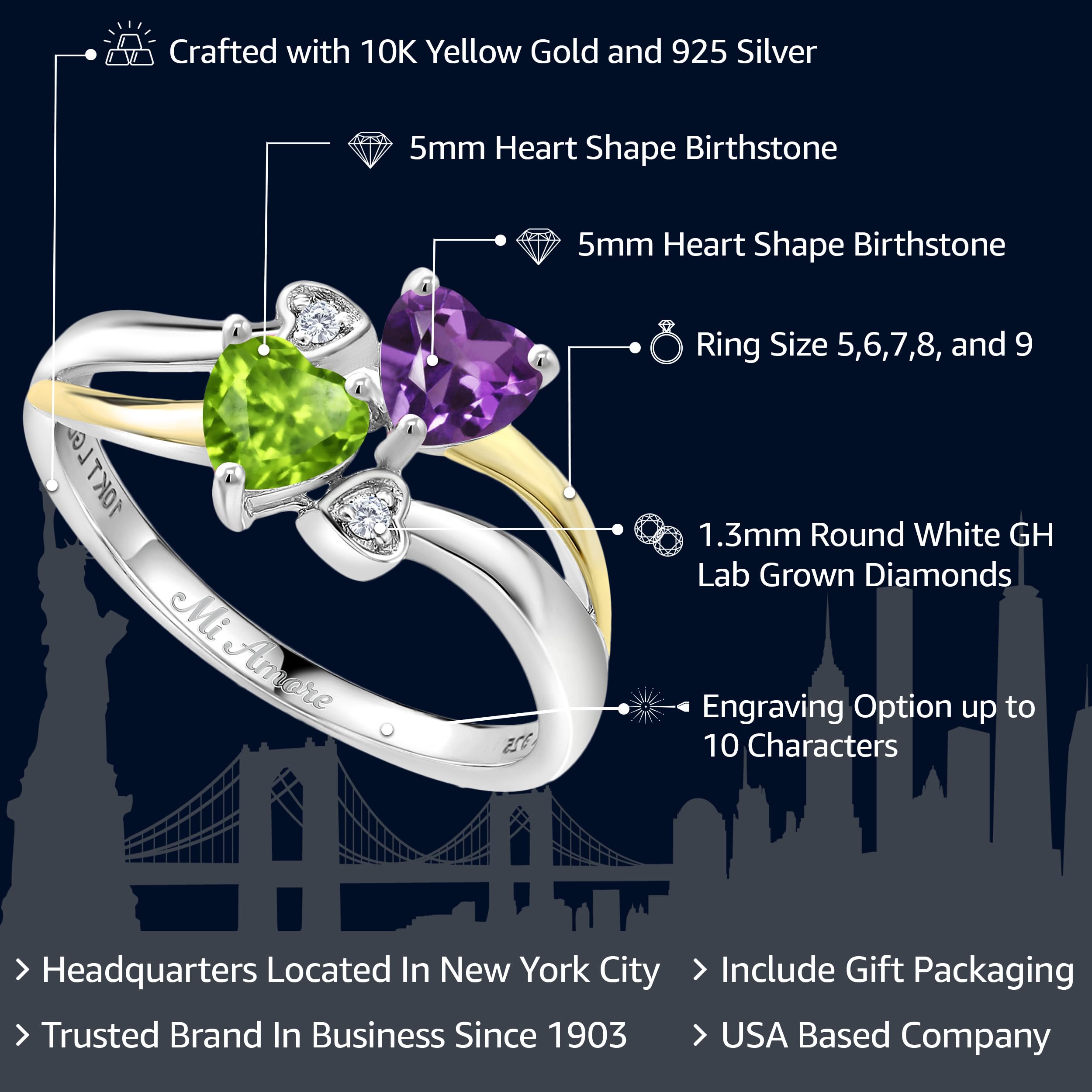 Gem Stone King 925 Silver and 10K Yellow Gold Multi-Color Multi and White Lab Grown Diamond Ring For Women (0.86 Cttw, Gemstone, Heart Shape 5MM, Size 8)