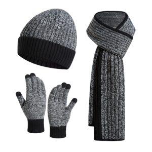 jtjfit men's winter knitted beanie hat scarf & touchscreen gloves 3pcs set fleece lined cap for men(black-white)