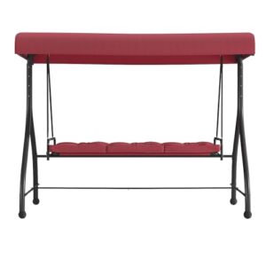 Flash Furniture Tellis 3-Seat Outdoor Steel Converting Patio Swing Canopy Hammock with Cushions / Outdoor Swing Bed (Maroon)