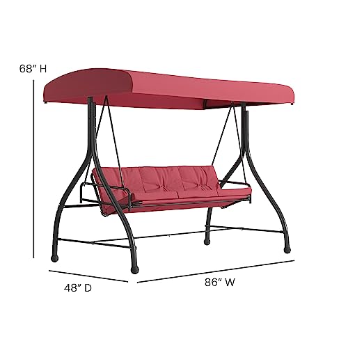 Flash Furniture Tellis 3-Seat Outdoor Steel Converting Patio Swing Canopy Hammock with Cushions / Outdoor Swing Bed (Maroon)