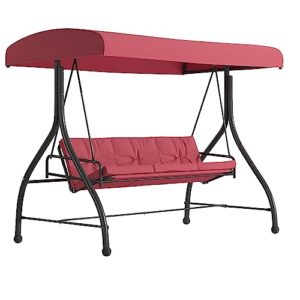 flash furniture tellis 3-seat outdoor steel converting patio swing canopy hammock with cushions / outdoor swing bed (maroon)