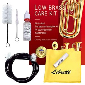 libretto low brass all-inclusive cleaning kit with instructions: valve oil + slide grease + cleaning cloth + mouthpiece/valve/bore brushes. a great gift for tuba, euphonium, baritone, sousaphone &more