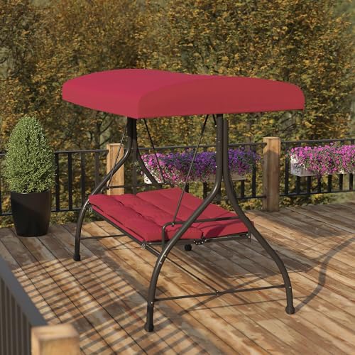 Flash Furniture Tellis 3-Seat Outdoor Steel Converting Patio Swing Canopy Hammock with Cushions / Outdoor Swing Bed (Maroon)