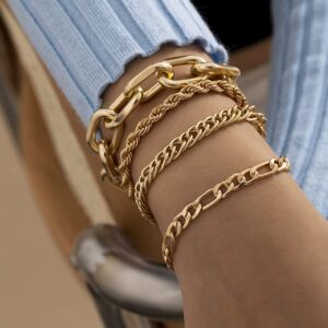 jwicos gold boho stacking chunky bangle bracelet for women and girls flat mariner bracelet cuban chain bracelet set cut rope chain bracelet for women and girls gift set of 4 (gold)