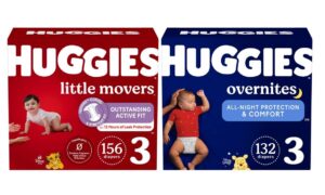 huggies little movers + overnites bundle: huggies little movers baby diapers, size 3 (16-27 lbs), 156ct (6 packs of 26) & huggies overnites overnight diapers, size 3 (16-27 lbs), 132ct (2 packs of 66)