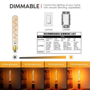 Dimmable T10 LED Bulbs, Warm White 2200K Amber, 7.3inch Long Tubular Light Bulb, 40 Watt Vintage Edison LED Filament Bulb,400lm,E26 Base Led Tube Bulb,Amber Glass,Pack of 4