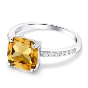 Gem Stone King 925 Sterling Silver Yellow Citrine Engagement Ring For Women (3.12 Cttw, Gemstone Birthstone, Cushion 8MM, Available in size 5, 6, 7, 8, 9)