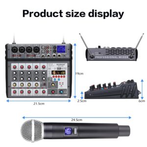 BOMGE 6 channel Audio DJ Console Mixer with Dua UHF Wireless Microphone,USB, Bluetooth, 48V phantom,16 Echo/Delay for Home Studio Recording DJ Network Live Karaoke PC Guitar