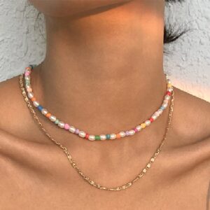 chargances 2pcs pearl choker necklace for women colorful beaded choker dainty layered choker jewelry for women girls gift