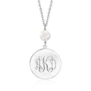 ross-simons monogram - sterling silver disc necklace with 8-9mm cultured pearl