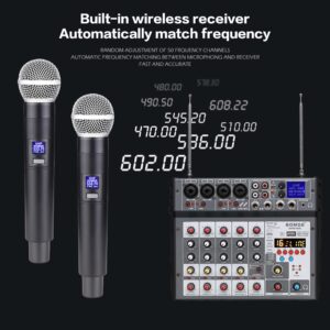 BOMGE 6 channel Audio DJ Console Mixer with Dua UHF Wireless Microphone,USB, Bluetooth, 48V phantom,16 Echo/Delay for Home Studio Recording DJ Network Live Karaoke PC Guitar