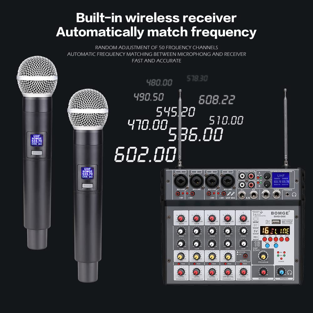 BOMGE 6 channel Audio DJ Console Mixer with Dua UHF Wireless Microphone,USB, Bluetooth, 48V phantom,16 Echo/Delay for Home Studio Recording DJ Network Live Karaoke PC Guitar