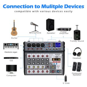 BOMGE 6 channel Audio DJ Console Mixer with Dua UHF Wireless Microphone,USB, Bluetooth, 48V phantom,16 Echo/Delay for Home Studio Recording DJ Network Live Karaoke PC Guitar