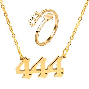 smuk angel number necklace, dainty 18k gold plated number 444 necklace gold pendants choker necklace numerology jewelry with angel number ring for women gifts (444-gold)