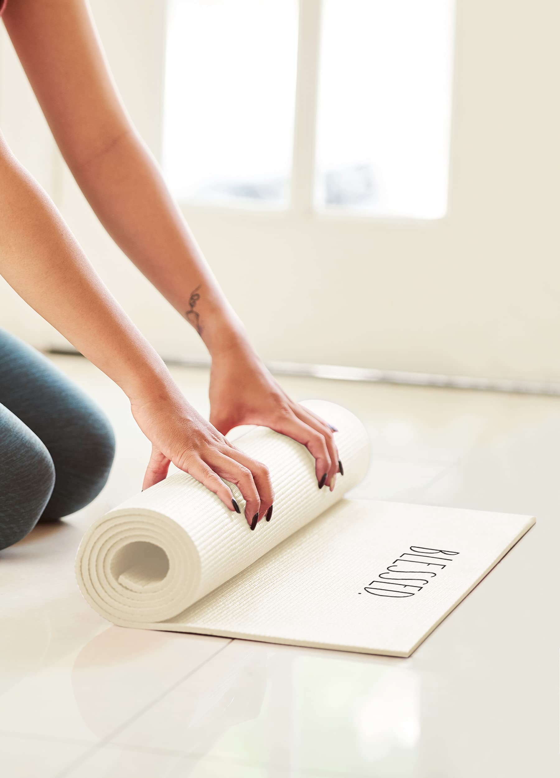 Rae Dunn Yoga Mat - High Density Foam Exercise and Fitness Mat for Workout or Stretching - Dual Sided Non Slip Cushion Grip - Portable, Travel Friendly for Home, Gym, Yoga Studio, Pilates - White